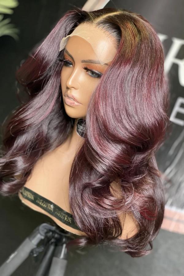 Custom Color-Bombshell Red Wine Ombre Human Hair Wig With Wand Curls ...